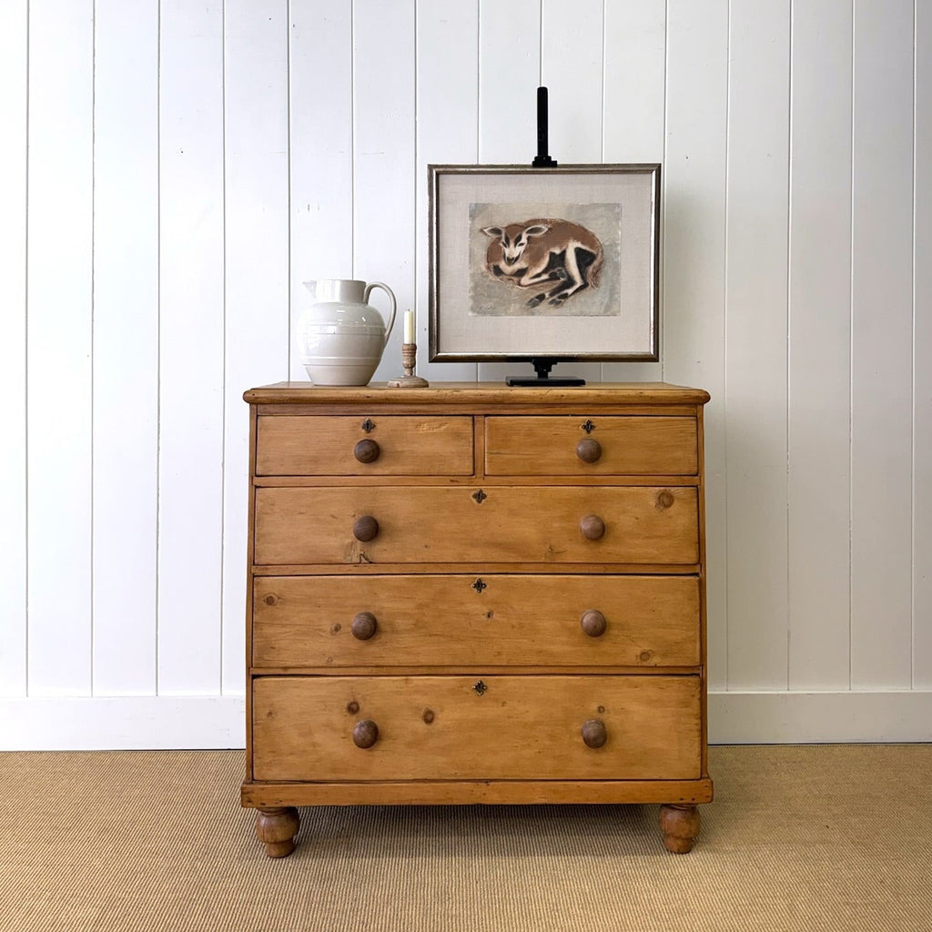 An Antique English Pine Chest of Drawers or Dresser with Wooden Knobs ...