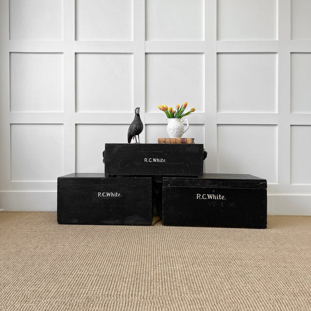 Antique Black English Pine Tool Boxes or Coffee Tables With Iron Handl ...