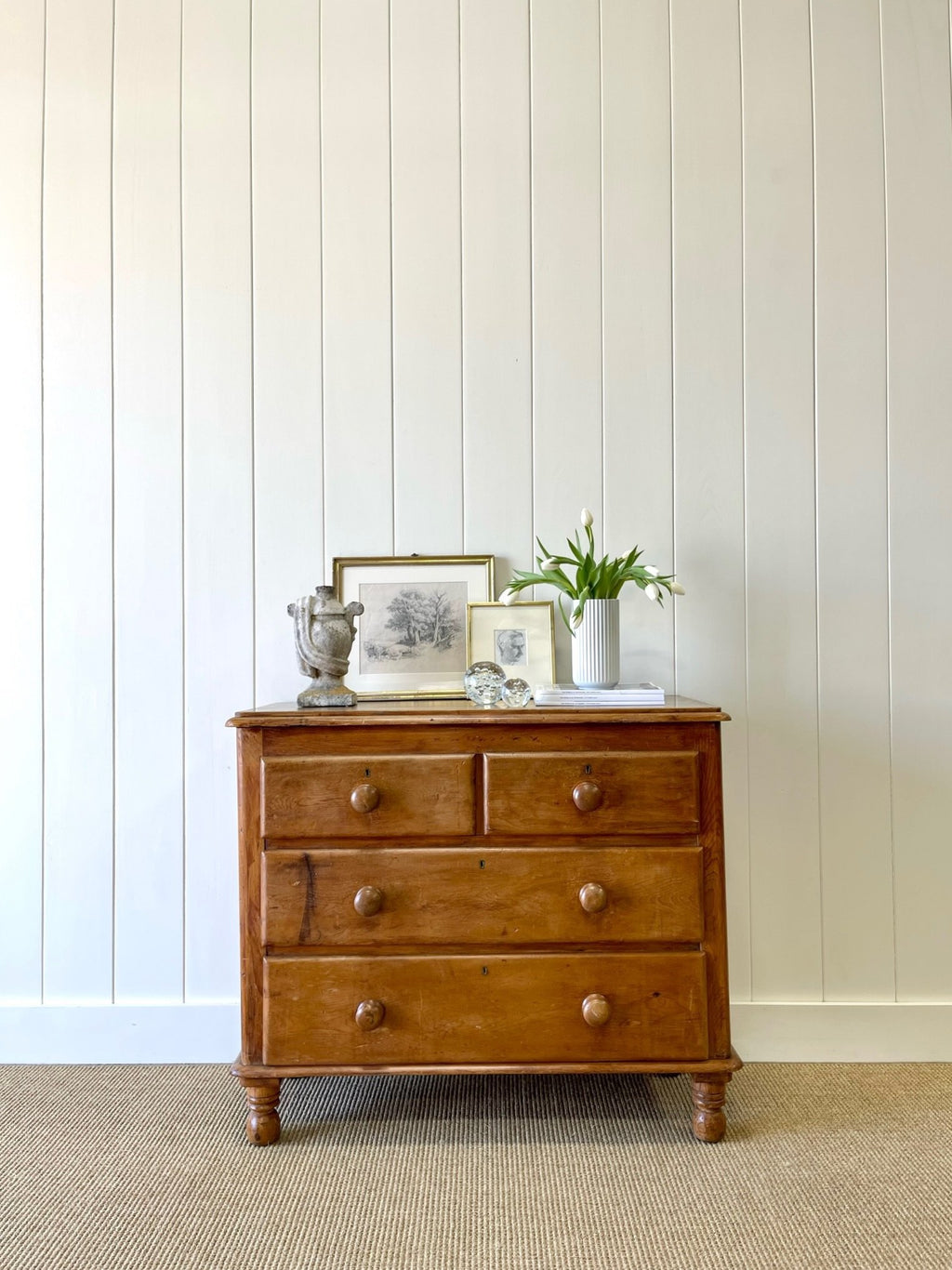 A Diminutive English Pine Chest of Drawers Dresser with Wooden Knobs c ...